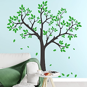 Buiory Giant Tree Wall Decal Removable Falling Green Leaves Wall Sticker DIY Peel and Stick Art Decor Black Tree Wall Sticker for Baby Kids Girls Bedroom Classroom Nursery Walls Background Decorations
