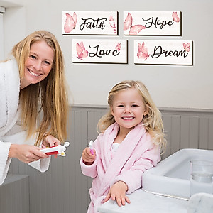 4 Pieces Faith Hope Love Dream Wall Decor Elegant Spring Butterfly Wooden Hanging Decoration Art Butterfly Room Wall Rustic Living Room Accessories for Bedroom Decor(10 x 4 x 0.2 Inch,Pink)