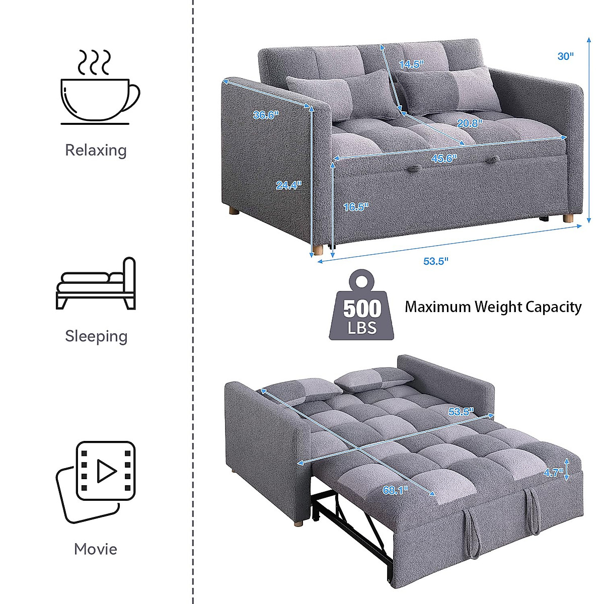 Gangnamri Loveseat Sleeper Sofa, Pull Out Sofa Bed with Adjustable Backrest and Pillows, Teddy Fabric Couch Bed for Living Room, Apartment and Small Space (Deep Grey+Light Grey)