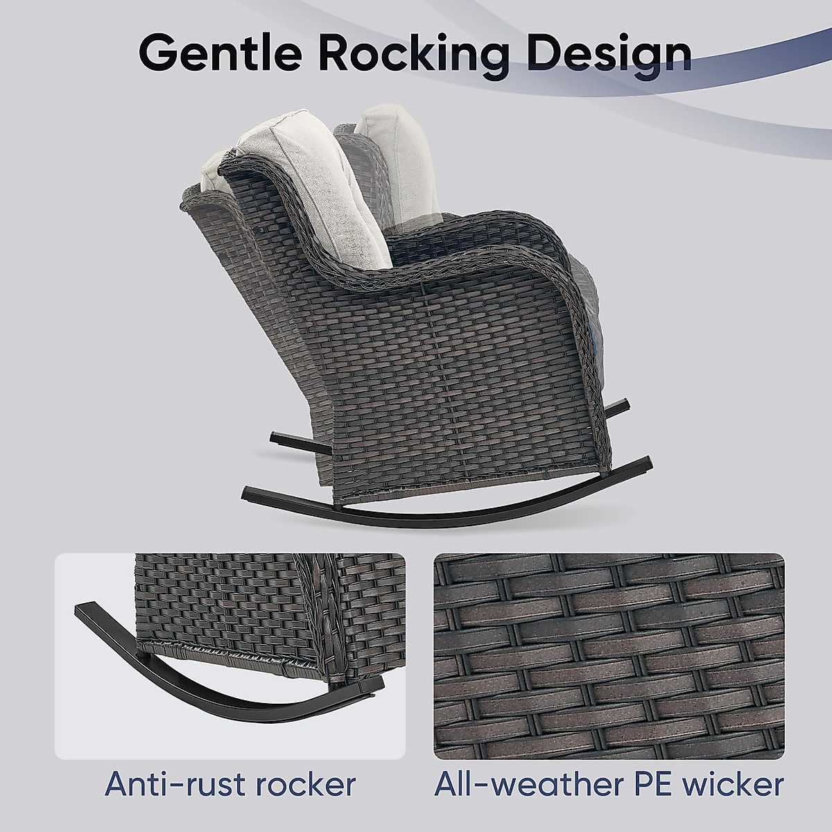 Belord Patio Rocking Chairs Bistro Set - Wicker Outdoor Rocking Chairs Set of 2 with Side Table, All Weather Rattan Rocker Seating Patio Furniture Set for Porch Balcony Garden Brown