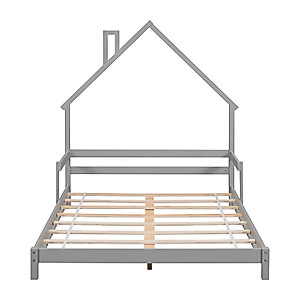 Floor Bed for Kids, Full Size Montessori Bed with House Shape Headboard, Wood House Bed with Slats for Boys Girls, Low Platform Bed, No Box Spring Needed, Gray