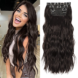 Vigorous 4PCS Clip in Hair Extensions Dark Brown Hair Extensions Long Wavy Clip Extension Synthetic Fiber Hairpieces Fluffy Hair for Women(20 Inch, Dark Brown)