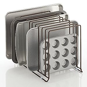 mDesign Metal Wire Organizer Rack for Kitchen Cabinet, Pantry, Shelves - Holder with 11 Slots for Skillets, Frying Pans, Lids, Cutting Boards, Vertical or Horizontal Placement - Extra Large - Bronze