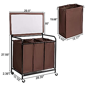 HollyHOME Laundry Cart 3-Bag Heavy-Duty Rolling with Ironing Board Laundry Room Organizer with Wheels Brown