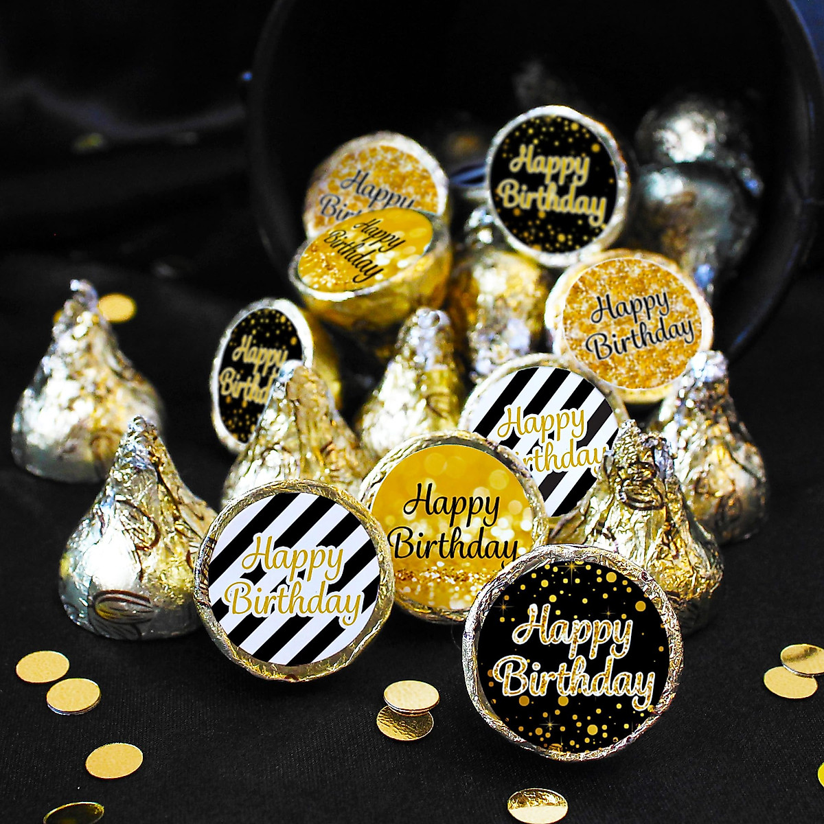 Happy Birthday Party Favor Labels Chocolate Kisses Candy Stickers - Black and Gold - 0.75 in. Round - 180 Stickers