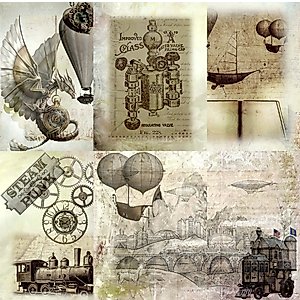 Light Steampunk Mulberry Rice Paper, 8 x 10.5 inch - 6 x Different Printed Mulberry Paper Images 30gsm Visible Fibres for Decoupage Crafts Mixed Media Collage Art