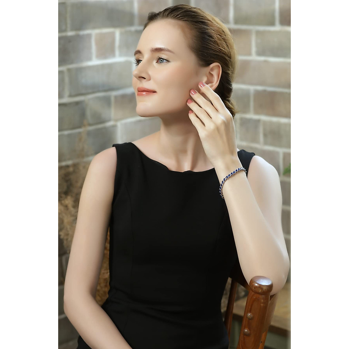 B. BRILLIANT Sterling Silver Created Blue Sapphire Marquise-cut Tennis Bracelet for Women with Jewelry Gift Box