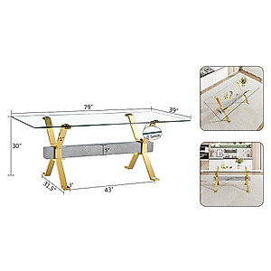 Glass Dining Table for 4, 79" Modern Kitchen Dining Room Table with Rectangular Tempered Glass Tabletop and Gold Plated Metal Legs for Dining Room (Gold)