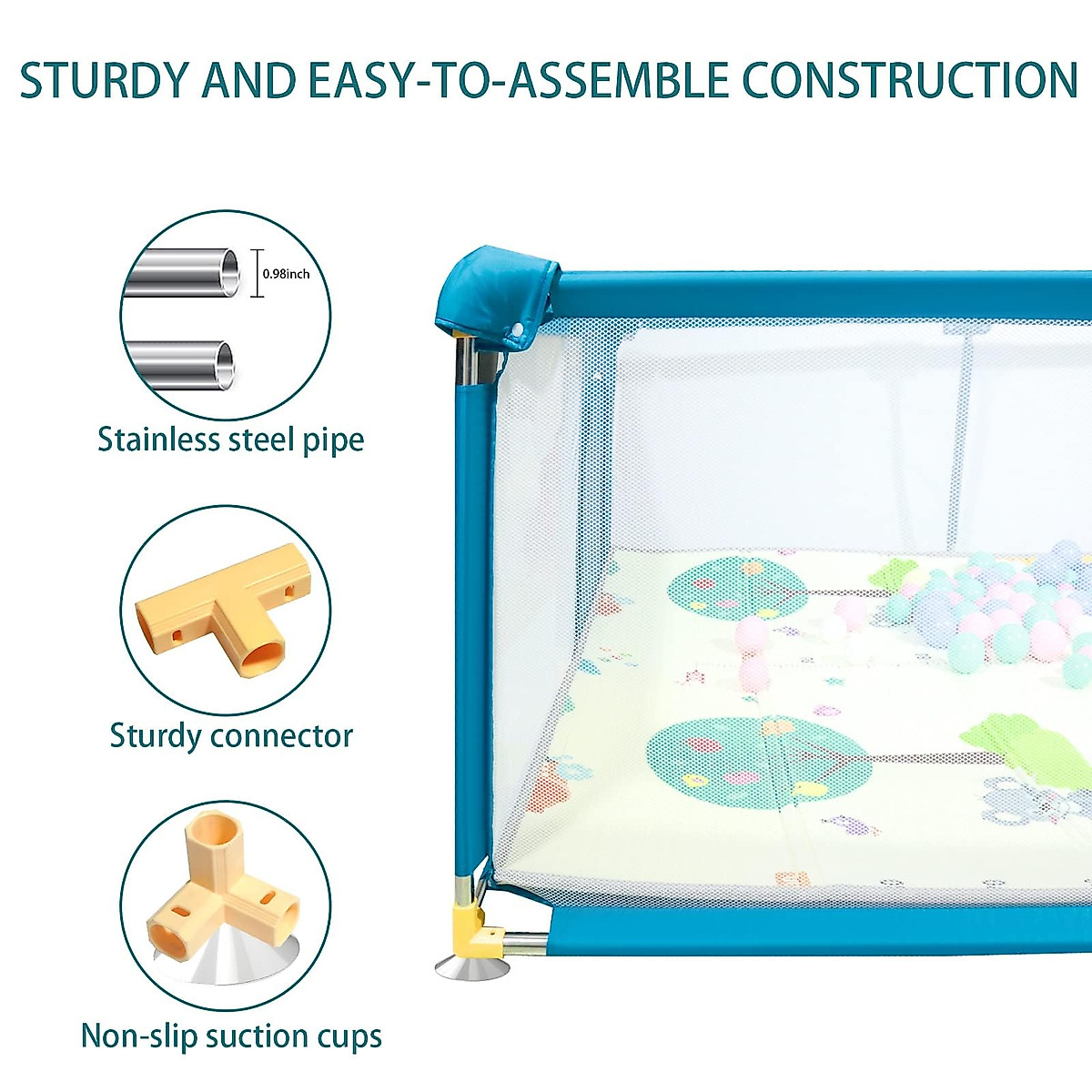 Baby Playpen for Toddlers,71"x59" Inch Extra Large Playpen with Non-Slip Suction Cups, 2 Handle Loops, Ocean Ball and Animal Pattern Crawling Mat,Sturdy and Safe Playpen with Basketball Hoop.