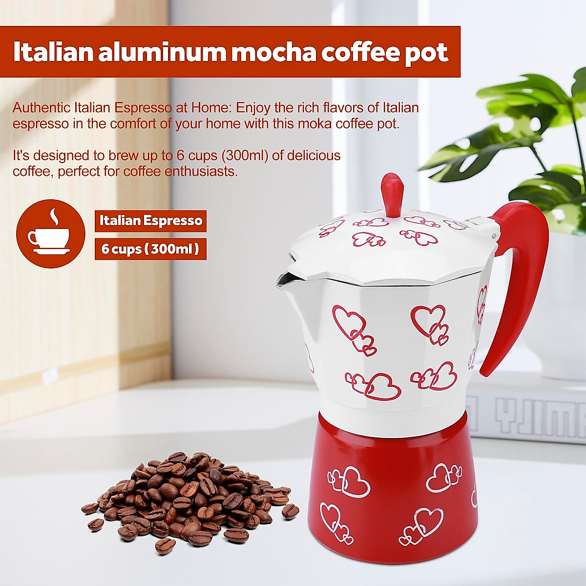 SHANGSKY Espresso Maker Italian Coffee Maker 10oz, Stovetop Coffee Maker Cafetera Italiana Aluminum Mocha Pot with Wooden Handle, Stove Top Espresso Machine (Heart)