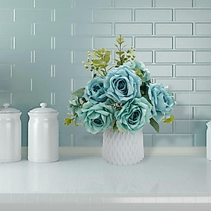 Artificial Flowers Set and vase, Combination Arrangements for Home Garden Party Wedding ，Fake Rose Flowers Bedroom Living Room Kitchen Office Decoration （ Blue Flowers White vase