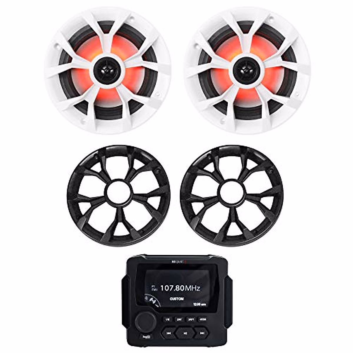 MB Quart GMR-LED Gauge Hole Marine Receiver Bluetooth AM/FM/Weather Band/USB Bundle with Pair Rockville RKL65MBW 6.5" 700w Marine Boat Speakers w/LED with Black/White Grilles