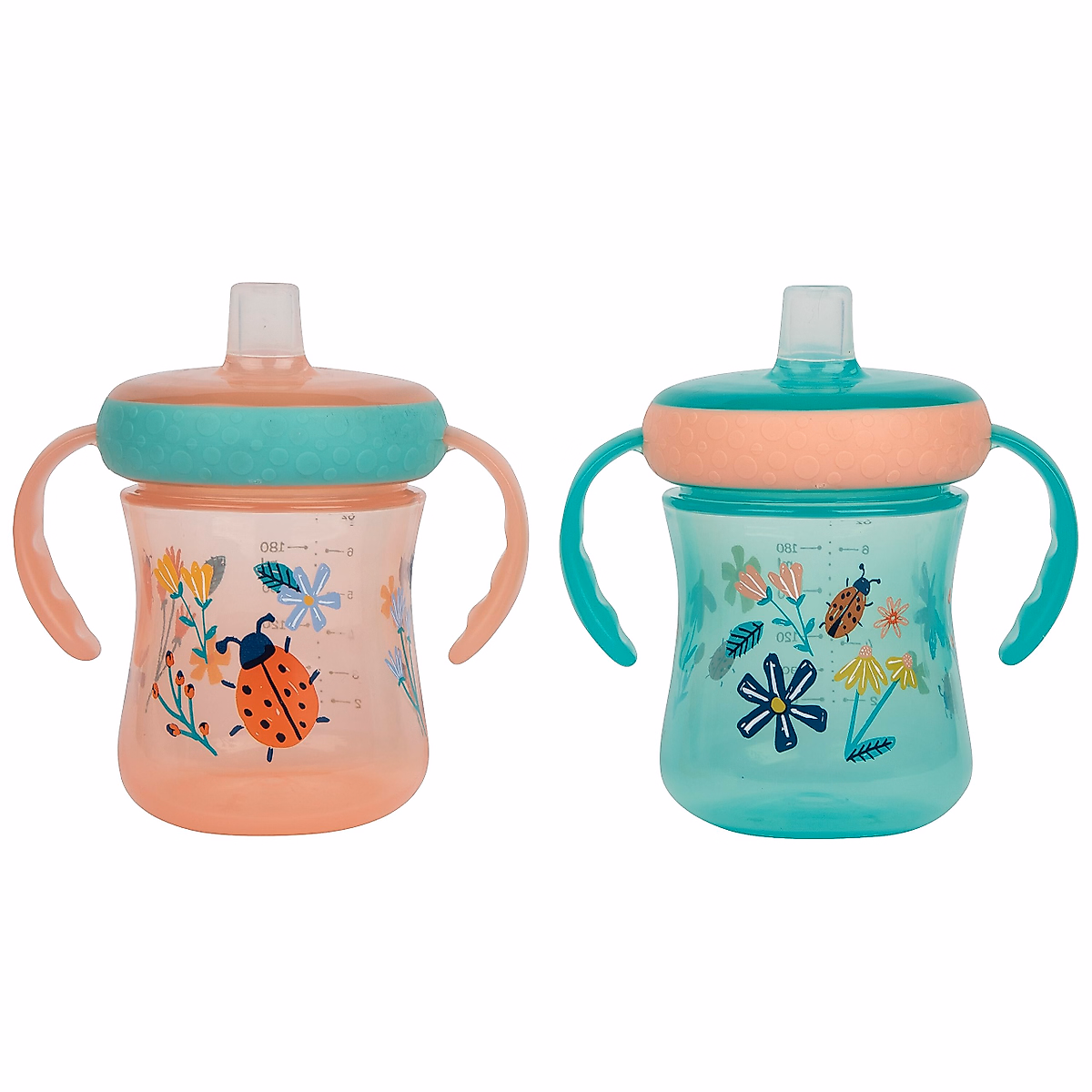 The First Years - Soft Spout Sippy Cup - Toddler Trainer Cup for 6+ Months -with Handles and Leak Proof Lid - 7 Oz - Floral Ladybug Print - 2 Count