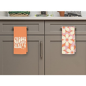 QODUNG Choose Happy Flowers Pattern Soft Kitchen Towels Dishcloths 16x24 Inch Set of 2,Retro 1970s Groovy Drying Cloth Hand Towels Tea Towels for Dorm,Teen Girls Gift