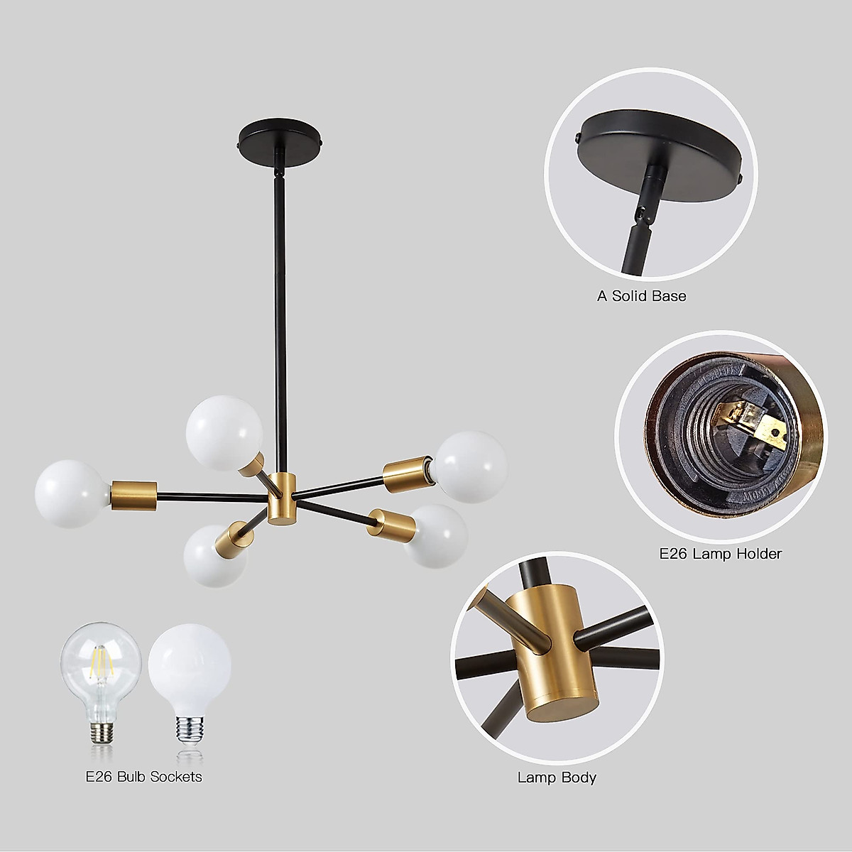 KAISITE Sputnik Chandelier Light Fixture - Modern 5-Light Sputnik Ceiling Light Height Adjustable Gold and Black Hanging Pendant Lighting for Living Room Kitchen Bedroom Hallway Farmhouse