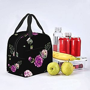 Reusable Lunch Tote Bag Watercolor Purple Floral Roses Insulated Lunch Bag Durable Cooler Lunch Box