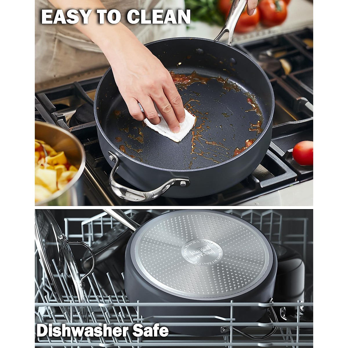 Cooks Standard 4-QT Nonstick Deep Sauté Pan with Lid, 10.5-inch Deep Frying Pan Hard Anodized Ceramic Nonstick Induction Cookware, Oven Safe Large Skillet Jumbo Cooker Sartén, Helper Handle, Black