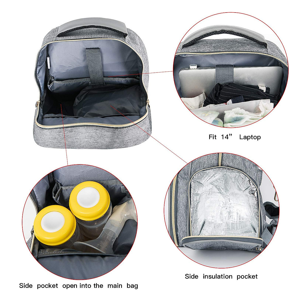 Breast Pump Backpack Diaper Bag - Multi-Function Cooler and Moistureproof Bag for Mother Baby Bottle Breast Milk Pump Mommy Outdoor Working Backpack with Insulation Pocket (Grey)