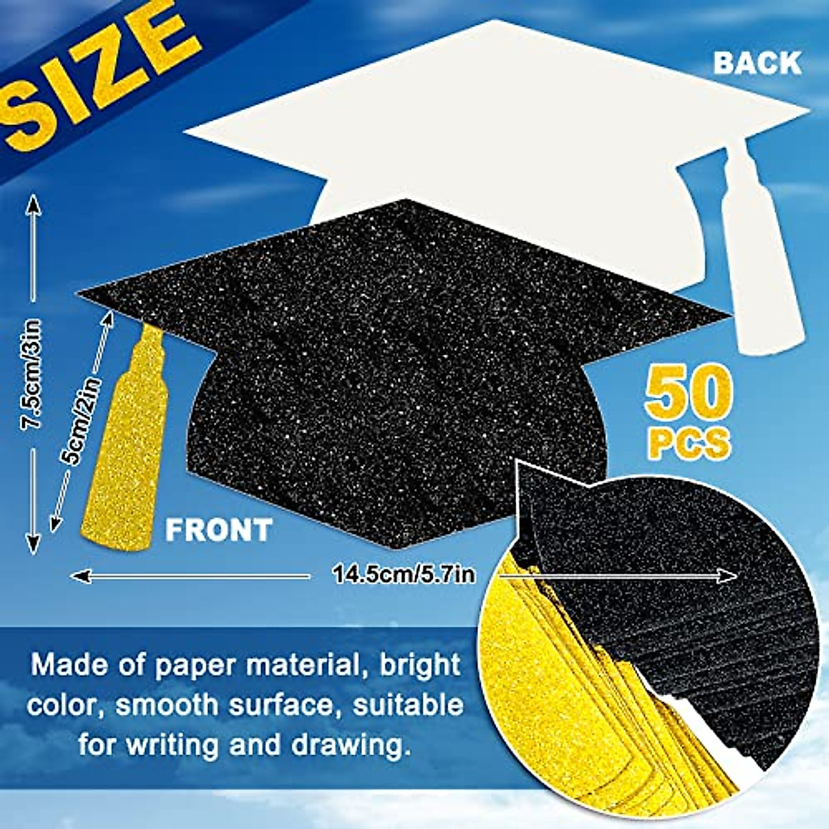 Whaline 50Pcs Grad Caps Confetti Glitter Black Gold Graduation Cutouts with 100Pcs Glue Point Grad Cap Table Centerpiece for High School College Graduation Party Supplies, 5.7 Inch