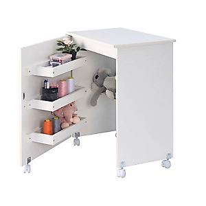 Usinso Folding Sewing Table Multifunctional Sewing Machine Cart Table Sewing Craft Cabinet with Storage Shelves Portable Rolling Sewing Desk Computer Desk with Lockable Casters(White)