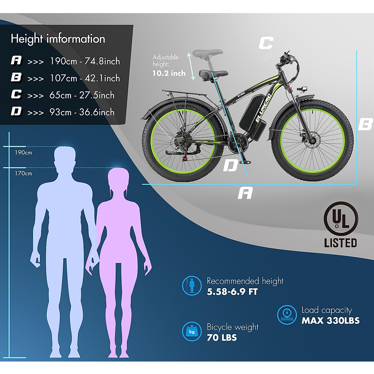BLUMEMO Electric Bike for Adults 1000W, Removable 48V/17.5AH Battery E-Bike, Max 31Mph,Fat Tire Electric Bicycle 26" 4.0 for Trail Riding/Excursion/Commute 21-Speed Shifting UL and GCC Certified