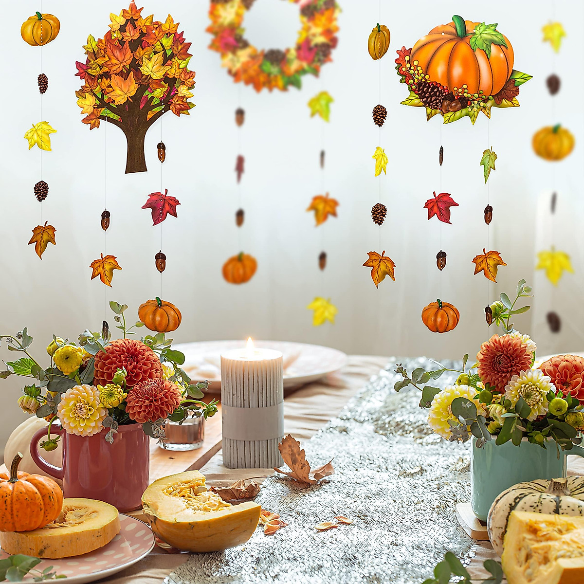 6 pcs Fall Pumpkin Leaf Garlands for Fall Party Decoration Thanksgiving Decor Autumn Birthday Banner Maple Leaves Hanging Garland Streamer Backdrop for Wedding Bridal Baby Shower Party Supplies