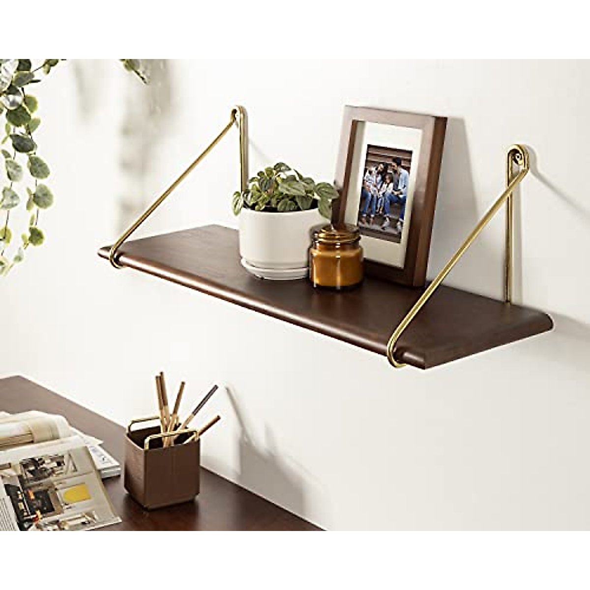 Kate and Laurel Palone Modern Wall Shelf, 24, Walnut and Gold, Minimal Transitional Shelf for Storage and Display