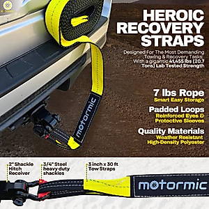 Motormic Recovery Tow Strap 3" x 30ft - Lab Tested 31,924 lb Break Strength - Triple Reinforced Loop Straps - Emergency Off Road Towing Rope