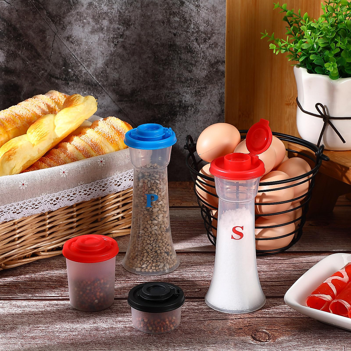 Baderke 6 Pcs Salt and Pepper Shaker Set Hourglass Plastic Salt and Pepper Shakers with Lids Airtight Spice Jar Dispenser for Restaurant Kitchen Camping Outdoor, 3 Sizes