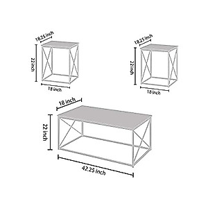 Coral Flower Modern Coffee Table Includes Coffee Table and Two End Tables, Modern Industrial Metal and Wood Occasional Tables, 3pc, Dark Oak