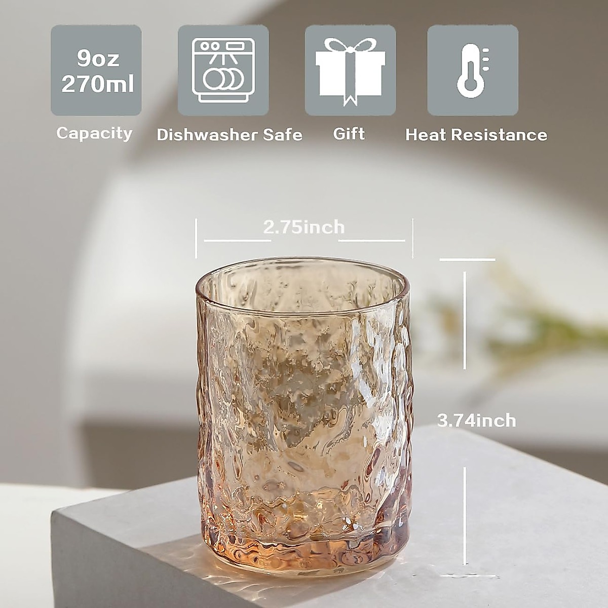 Whiskey Glasses Set 4, Amber Colored Rocks Glasses, 9 oz Old Fashioned Glass for Whisky, Scotch, Bourbon, Rum and Cocktail, Unique Gift for Wedding, Birthday and Anniversary, Lowball Drinking Glasses
