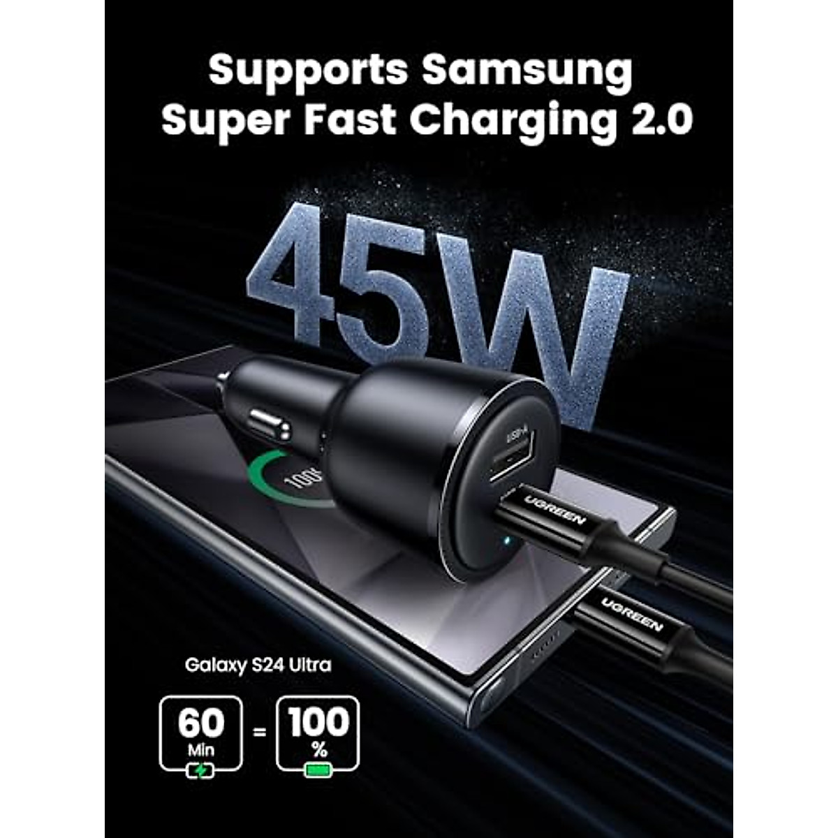 UGREEN 63W USB C Car Charger Adapter, PPS 45W Super Fast Charging 2.0 Type C Car Charger Cargador para Carro, Dual USB Car Charger for iPhone 15/14/13/12, Galaxy S24/S23/S22/Series, iPad, MacBook