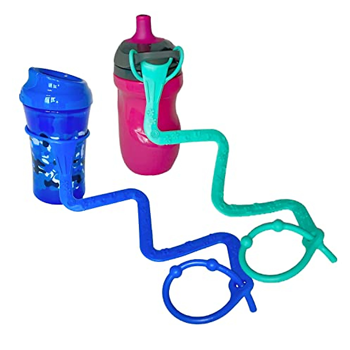 Brilli Baby Sippy Cup Catcher - 2-Pack - Bungee Tether for Bottle or Toy - Pacifier Holder Strap to Attach to Your Stroller - Leash to Secure Cups to High Chairs -Springy Cord for Car Seat Aqua & Navy