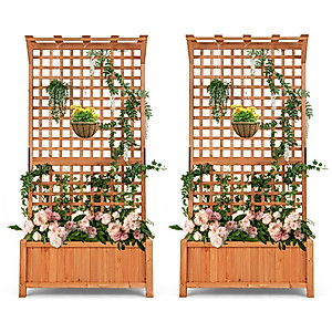 S AFSTAR Planter with Trellis Set of 2, 35.5x17.5x72.5-inch Wood Planter Box with Lattice Trellis & Hanging Roof, Removable Base, Trellis Planter Box for Climbing Plant Flower Rose Grape Cucumber