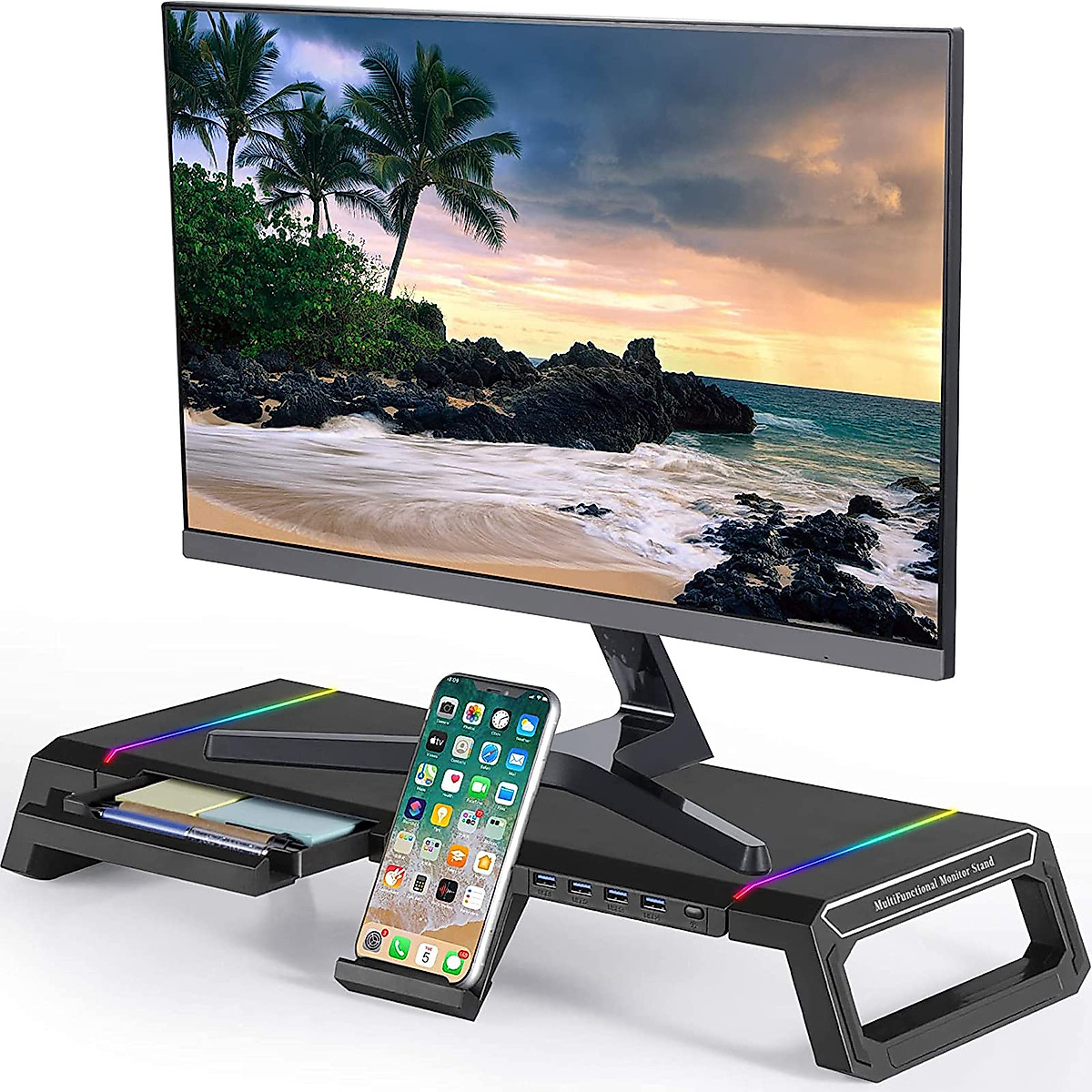 AWYLL Monitor Stand Riser, Foldable Monitor Stand with Drawer Storage, RGB Computer Desktop Organizer Stand 4USB 3.0 Hub for Up to 27 Inch Computer Screens, iMac, Laptop, Printer