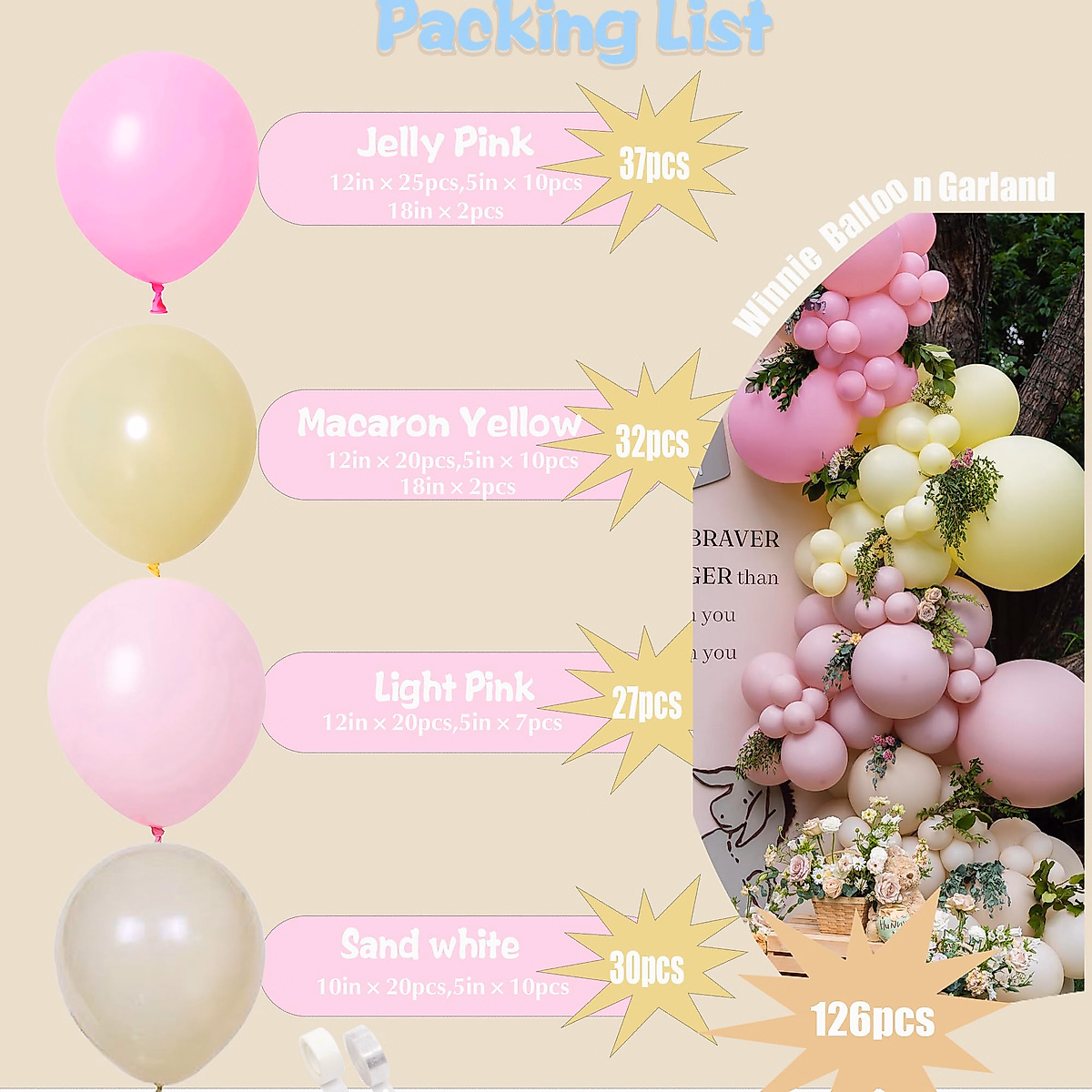 Pink and Yellow Balloon Arch, Pastel Light Pink Balloons Baby Pink Macaron Yellow Balloon Sand white Balloon Arch Kit for Birthday Baby Shower Bee Bear Theme Party Decoration