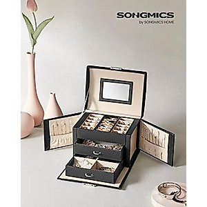 SONGMICS 3-Tier Jewelry Box, Travel Jewelry Case with Handle, 2 Drawers, Lockable Jewelry Organizer with Mirror, Jewelry Storage, Modern Style, Gift for Loved Ones, Black UJBC154B01