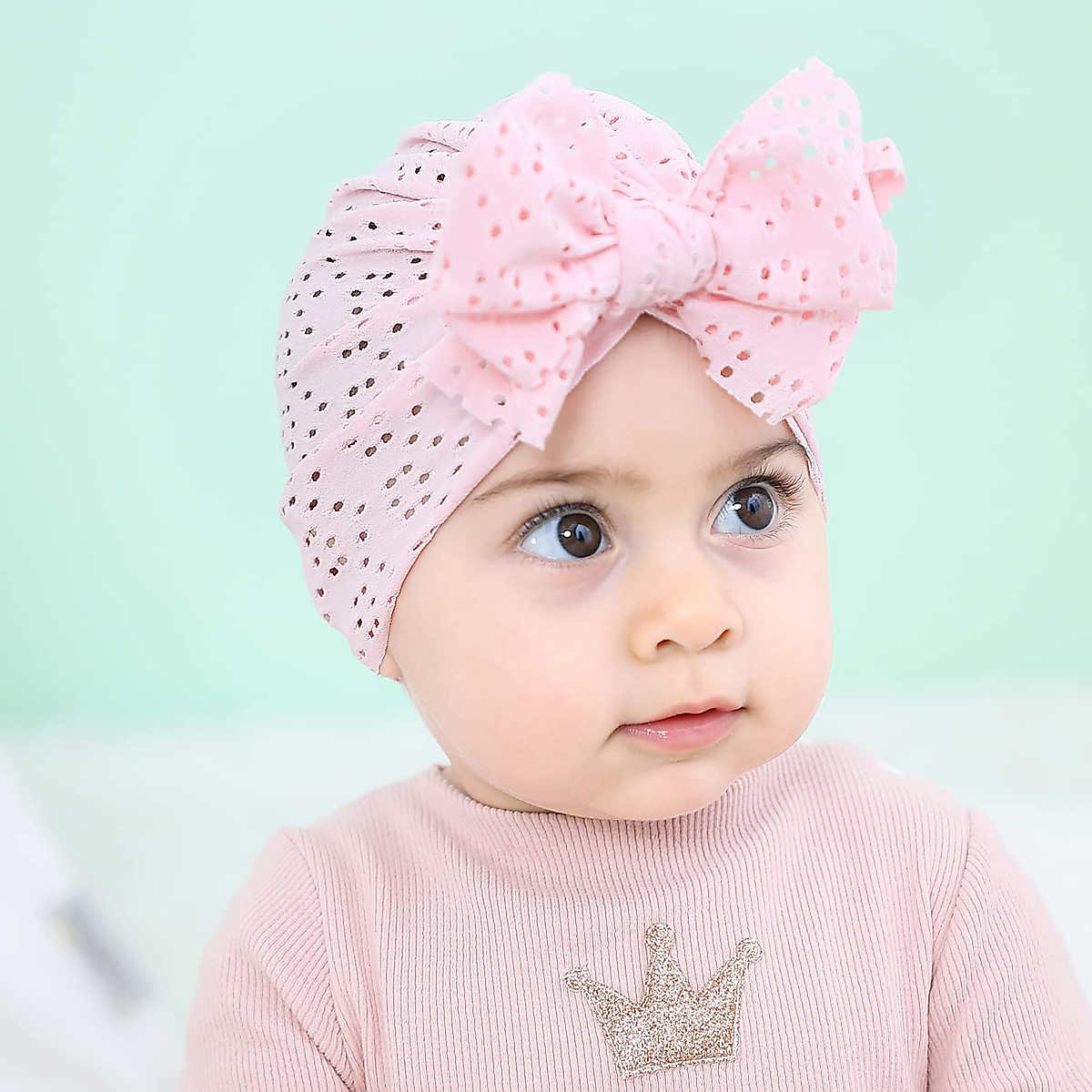 Cinaci 6 Pack Breathable Soft Big Bow Turban Hats Beanie Caps Headwraps for Baby Girls Infants Toddlers Kids