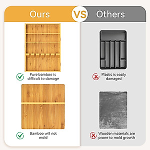 Yofidra Pure Bamboo Silverware Drawer Organizer: 16.5 Inch Large Silverware Utensil Tray Holder, 3-Compartment with 6 Card Slots Kitchen Flatware Organizer for Spoons Forks Knives, 2024 New Upgrade