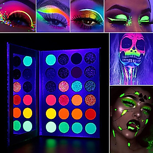 BEUSELF Neon Eyeshadow Palette, 24 Colors Highly Pigmented Fluorescent Makeup Pallet Glow in the Dark, UV Glow Blacklight Matte Glitter Rainbow Eye Shadows for Luminous Carnival Party Halloween Makeup