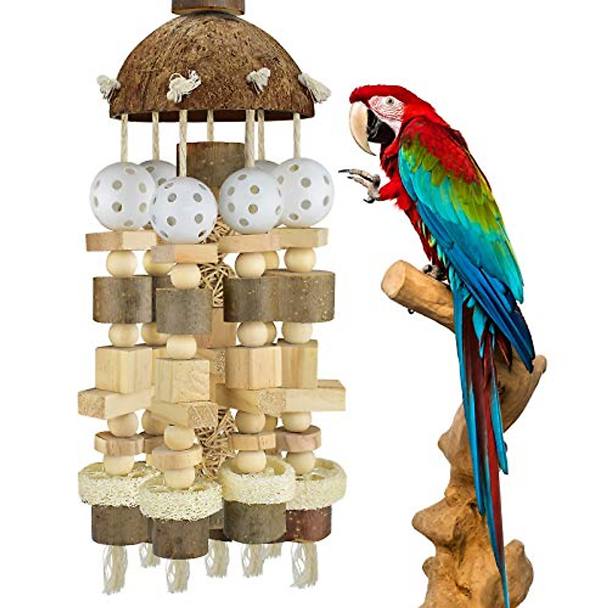KATUMO Bird Parrot Toy, Large Parrot Toy Natural Wooden Blocks Bird Chewing Toy Parrot Cage Bite Toy Suits for African Grey Cockatoos Amazon Parrots Ect Large Medium Parrot Birds