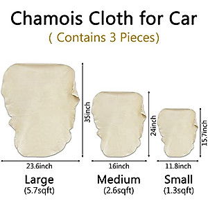 3 Pack Chamois Cloth for Car - Natural Shammy Car Drying Towel for Car Wash Care Real Leather Lint Free Super Absorbent Chamois Cloth (3 Pieces, 9.75 sq ft in Total)