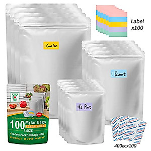 100 pcs Mylar Bags, Resealable Bags, Large Mylar Bags for Food Storage, Sealable Bags for Packaging, Aluminum Bags 10 Mil Thickness with 400cc Oxygen Absorbers & 100 Labels, 3 Sizes (10x14, 6x9, 4x6 inches)