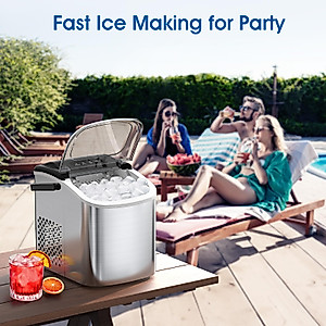 Joy Pebble Ice Maker Countertop with Handle, Self-Cleaning Portable Ice Machine with Basket and Scoop, 26Lbs/24H, 9 Cubes Ready in 6-8 Mins, for Home/Office/Kitchen, Stainless Steel