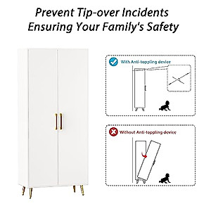 NOVAMAISON White Storage Cabinet 69” Tall - Storage Cabinet w/ 2 Doors and Adjustable Shelves, Freestanding Kitchen Pantry w/Gold Handles and Legs, Wooden Wardrobe Cabinet for Bedroom, Laundry