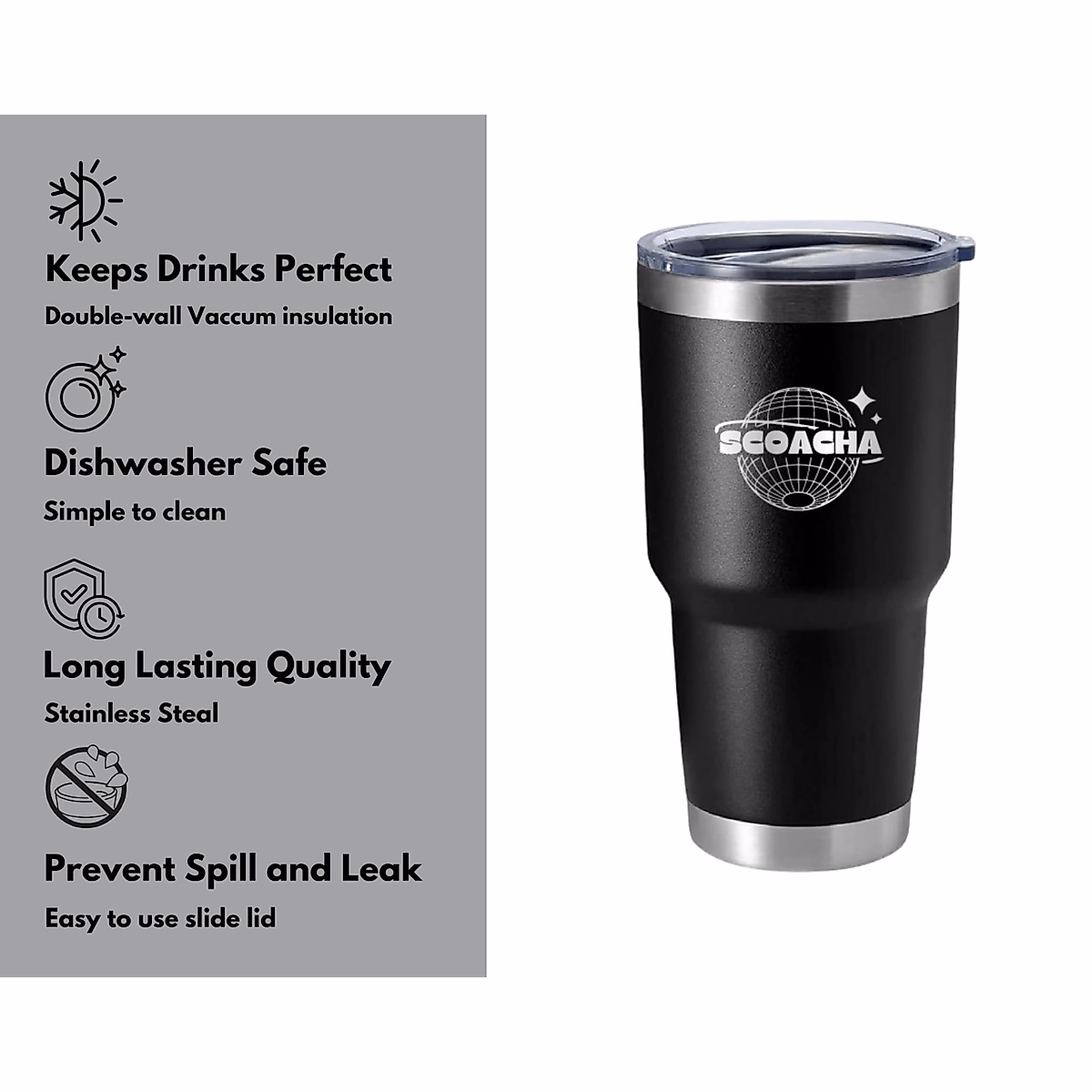 SCOACHA 30 oz Stainless Steel Double Wall Vacuum Insulated Travel Tumbler – Durable and Spill-Proof Lid – Perfect for On-the-Go, Work, and Outdoors. (Black)