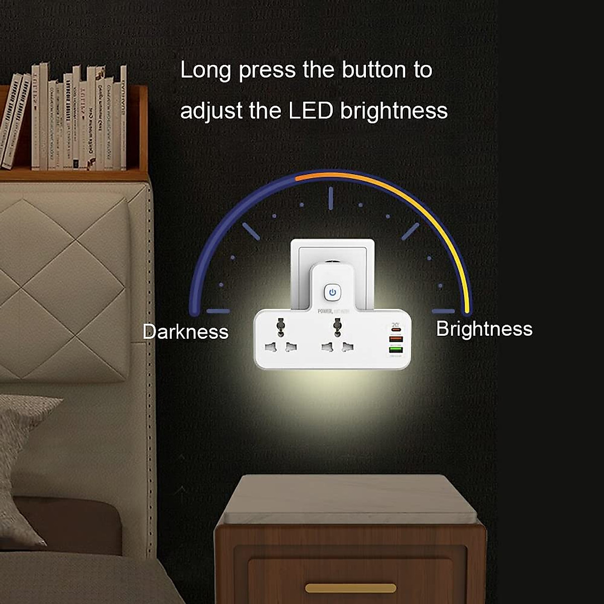 Wall Mount Outlet Extender with 3 USB Charging Port (1 USB C Port) Power Strip with a Touch-Control LED Night Light Max 10A 2500W Flat Plug Universal Socket Spaced Outlet