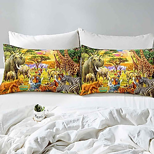 VIVIHOME 2PCS Safari Animal Duvet Cover, Twin Bedding, Boys Kids Bedding, Zoo Jungle Animal Tiger Lion Elephant Zebra Giraffe African Wildlife Wild Animal Comforter Bedspread Quilt Cover, 1 Pillowcase