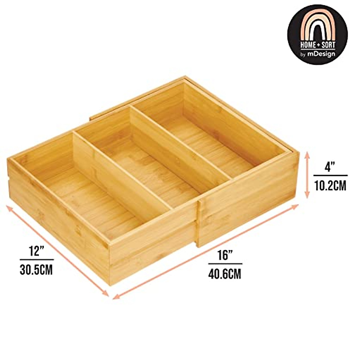 mDesign Bamboo Wood Expandable Deep Kitchen Drawer Organizer Tray Bin for Kitchen; Organize Drawers, Counters, Shelves; Holds Plasticware, Lids, Towels, Utensils; Home Sort Collection - Natural