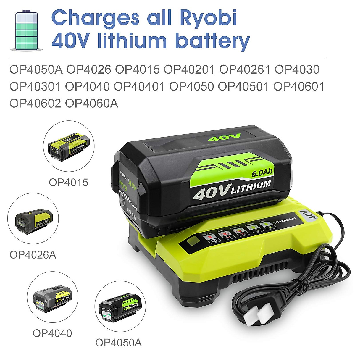 Munikind 6000mAh OP40601 Battery and Charger Replacement for Ryobi 40V Battery OP4050A OP4040 OP4030 OP4026A OP40201 ZROP4026 Compatible with Ryobi Battery 40 Volt Cordless Power Tool RY40180 RY40200